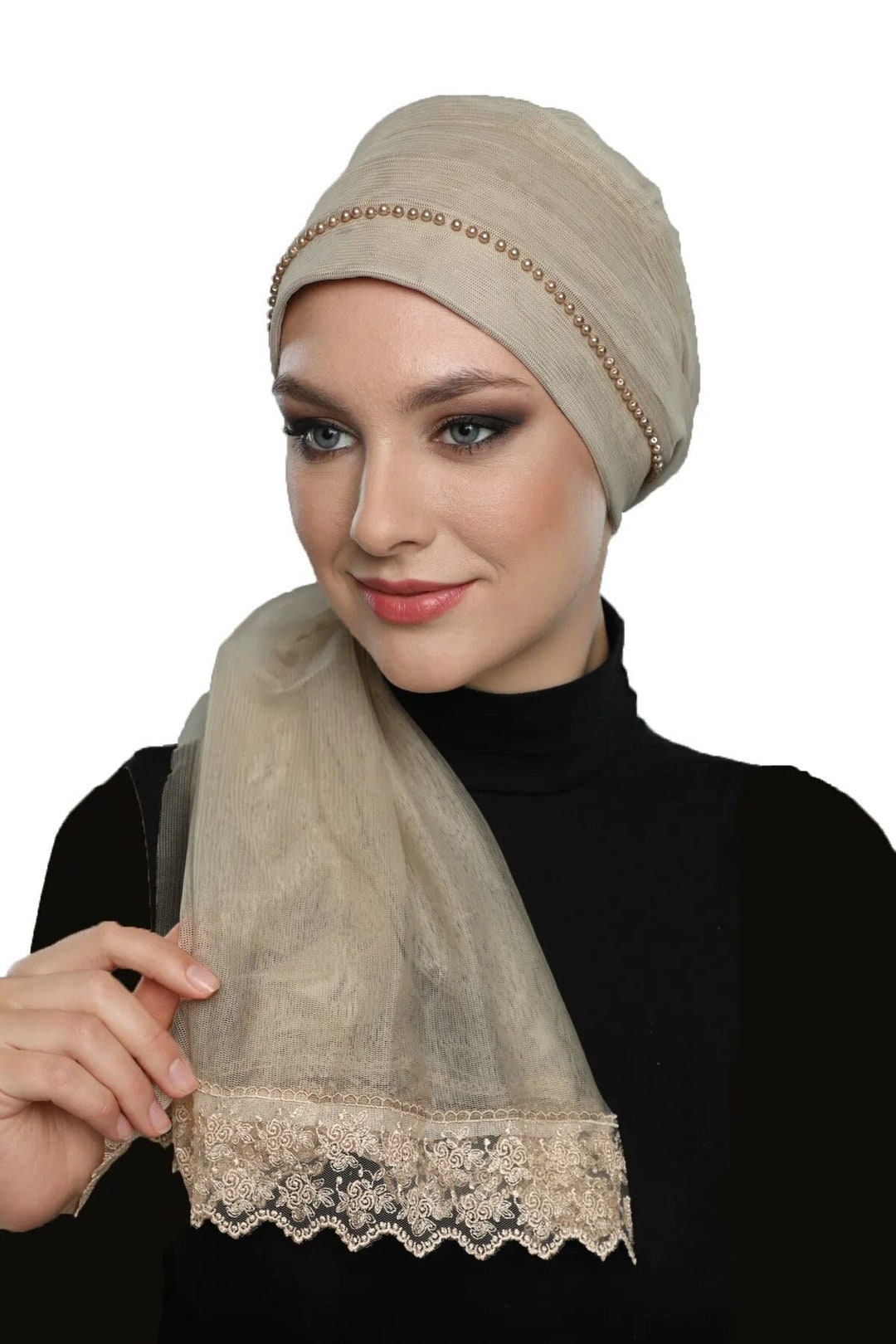 Beige Color Hijab Bonnet, Ready to Wear Lace Pearls Detailed Bonnet ...
