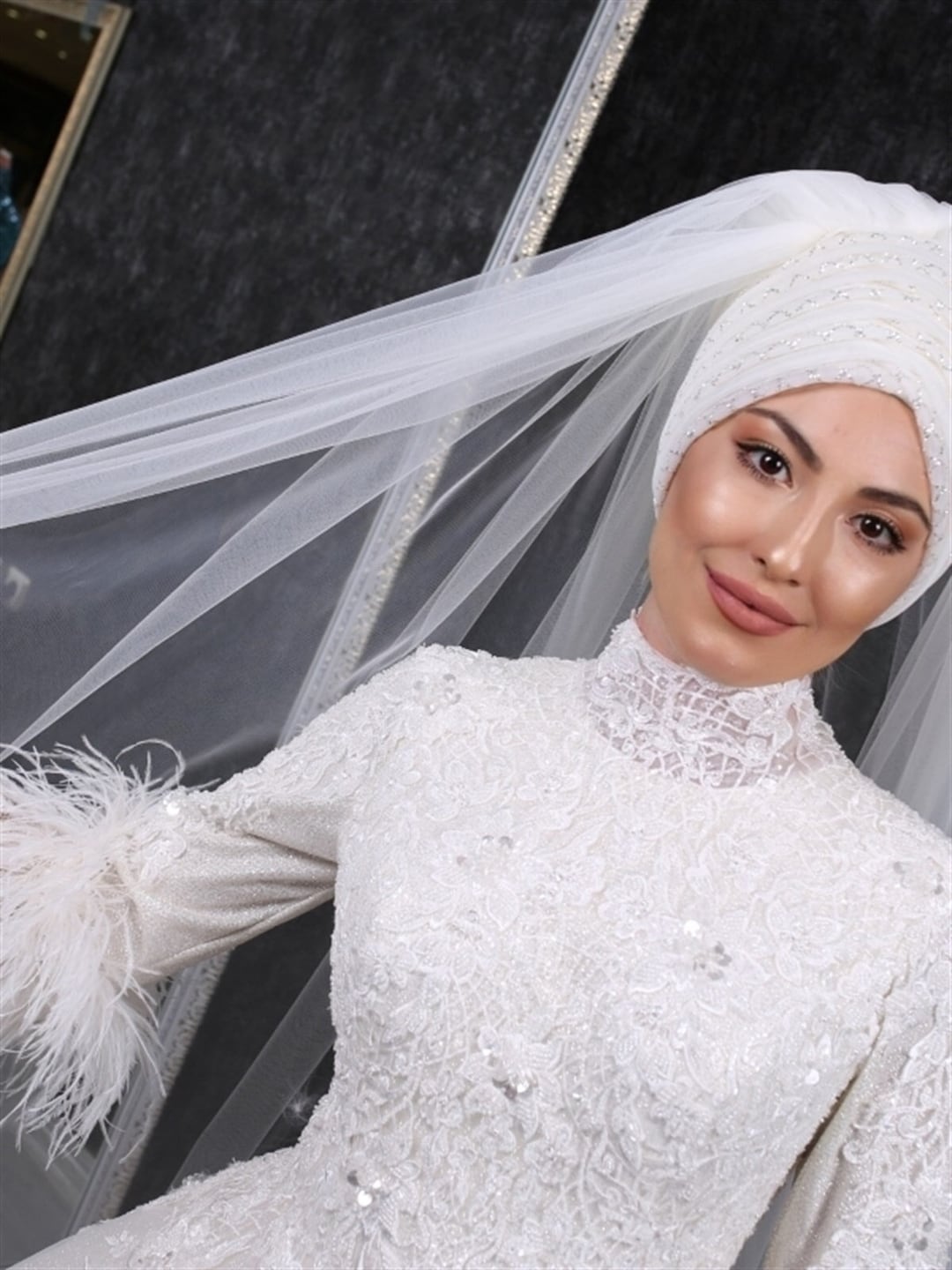 Silvery Front Seven Draped Bridal Hijab Veil, Ready to Wear Turban ...