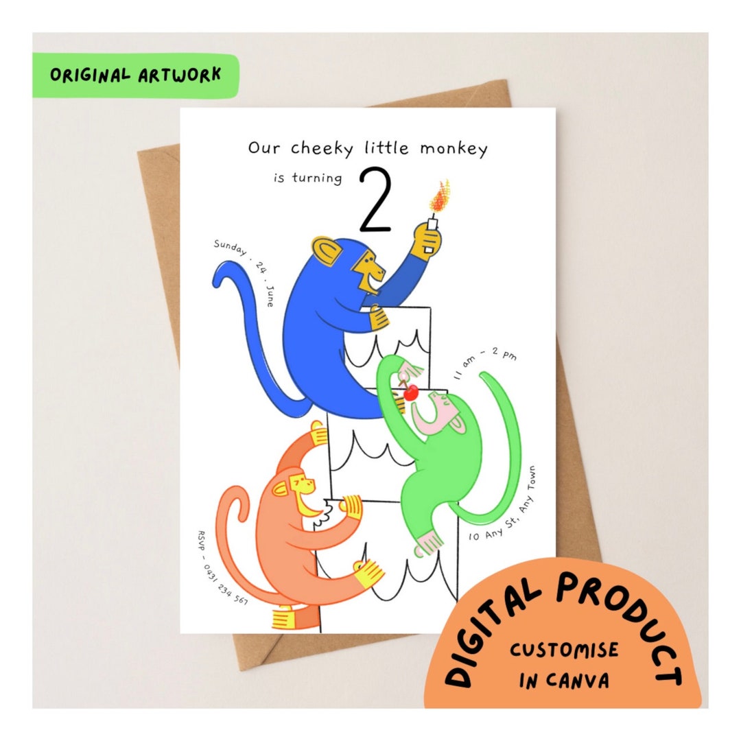 Cheeky Monkeys Birthday Invitation | Digital Template | Simple | Modern ...