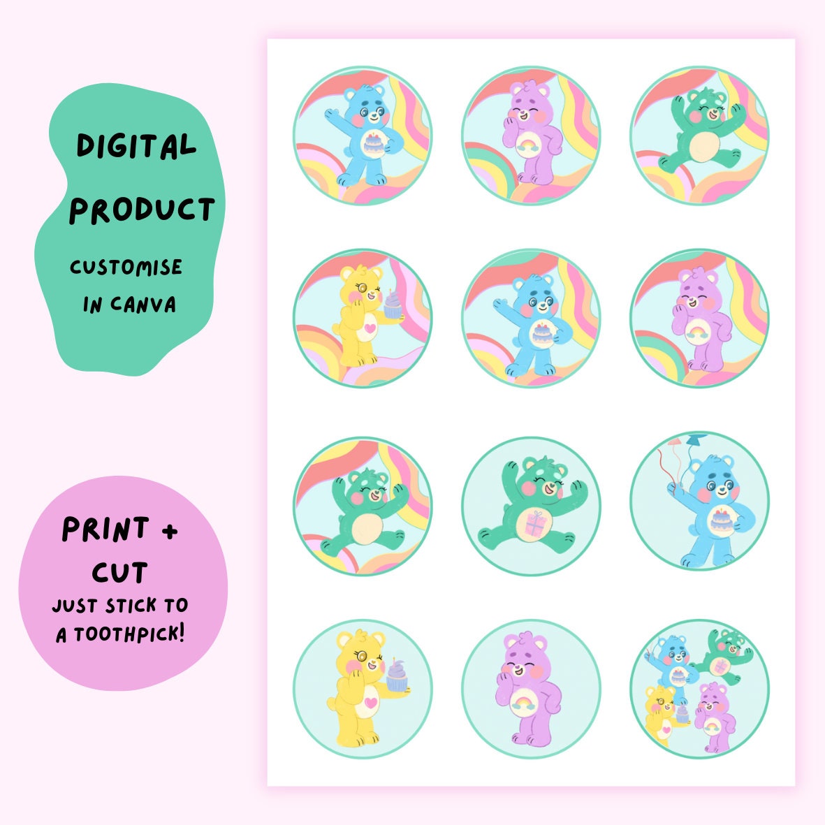 CARE BEAR Cupcake Toppers | Editable | Canva | Kids Birthday Party ...