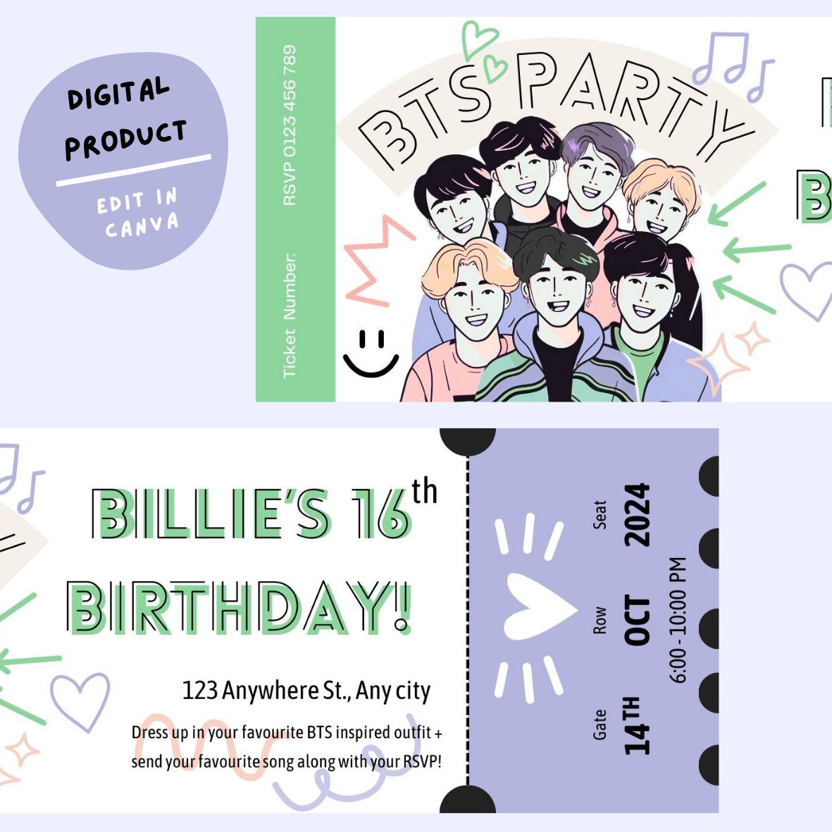 BTS Birthday Party Invitation Digital Download Editable Canva Teenagers ...