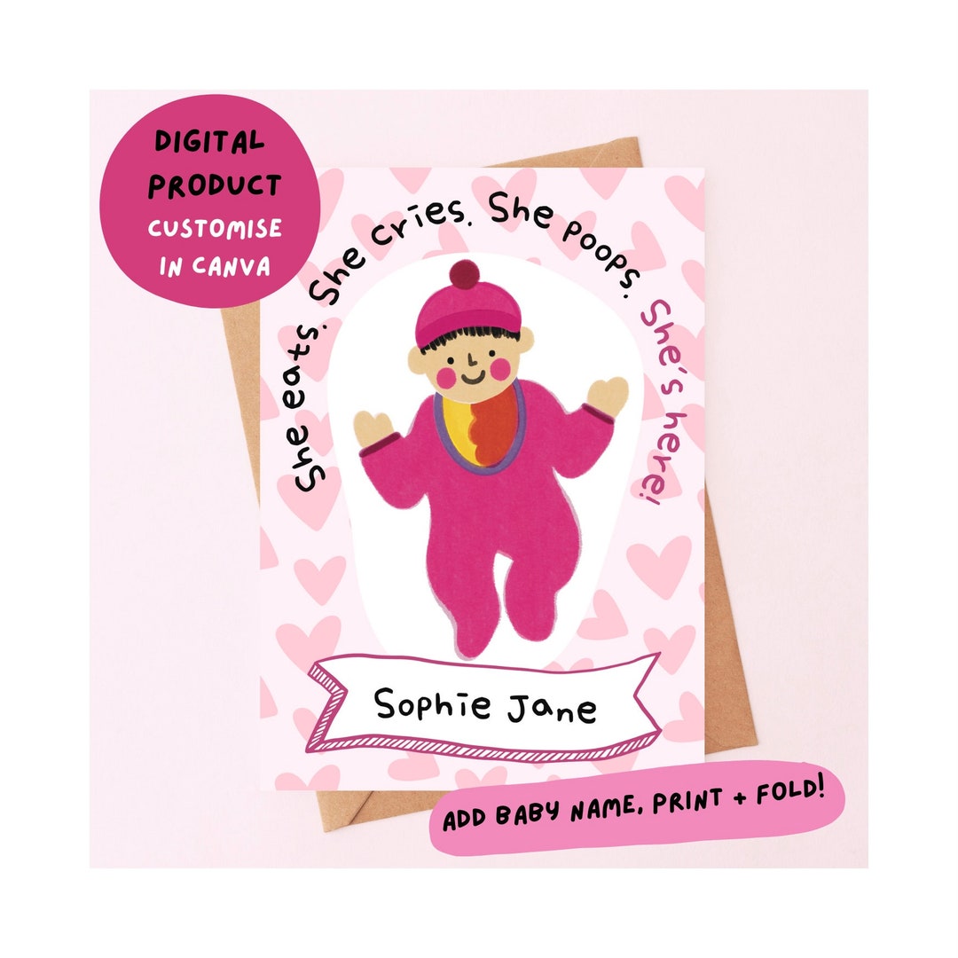 NEW BABY CARD | Customise in Canva | Customisable | Add Name | Pink ...