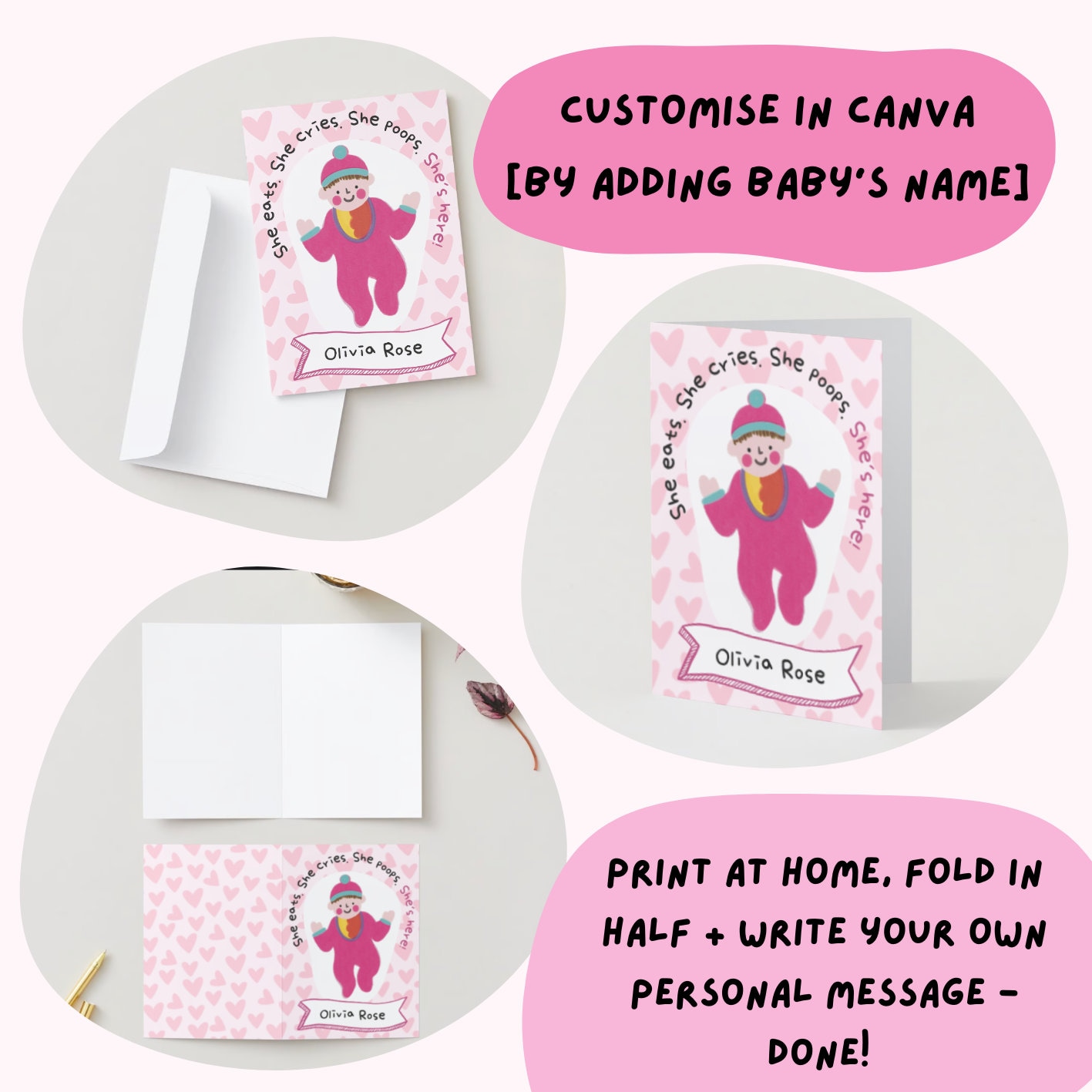 NEW BABY CARD | Customise in Canva | Customisable | Add Name | Pink ...