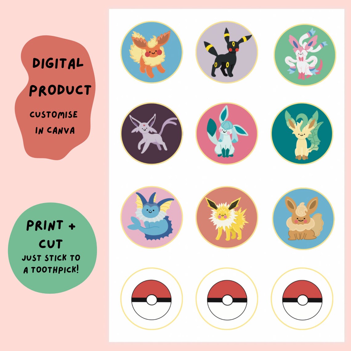 Pokemon Cupcake Toppers Digital Download Eevee Evolutions - Etsy