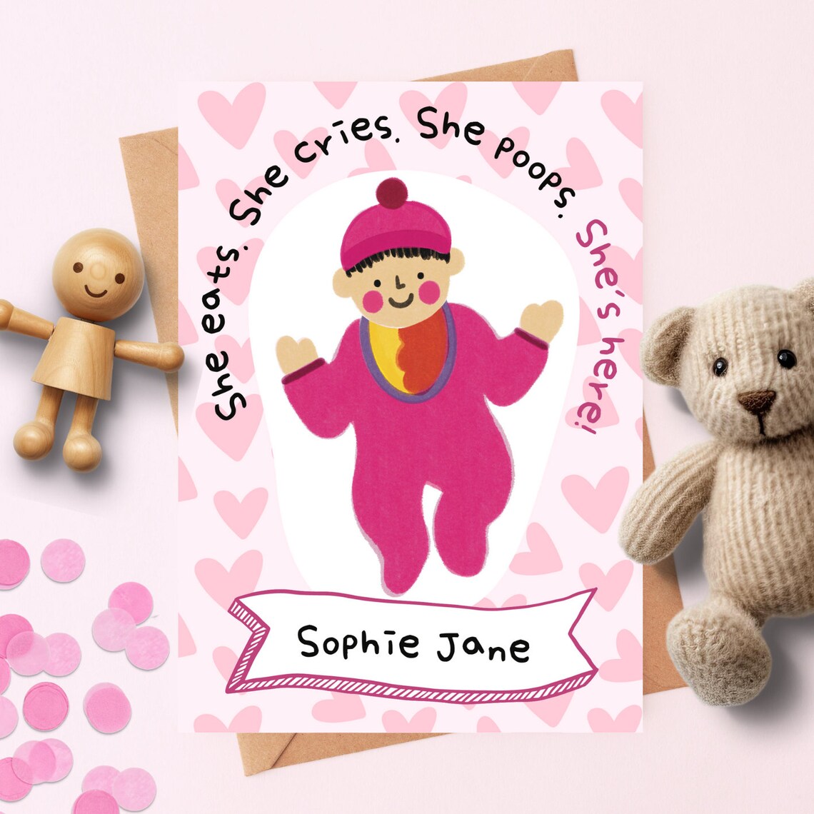 NEW BABY CARD | Customise in Canva | Customisable | Add Name | Pink ...