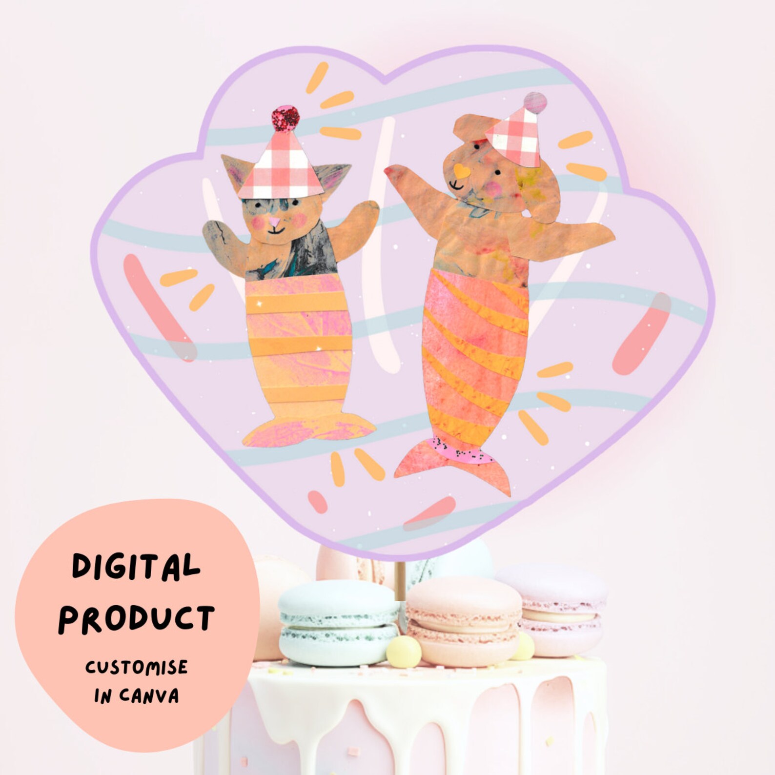 Paper Collage Cat + Dog Mermaid Cake Topper | Digital Template | Mercat ...