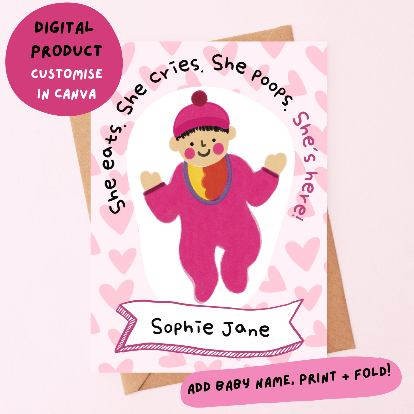 NEW BABY CARD | Customise in Canva | Customisable | Add Name | Pink ...