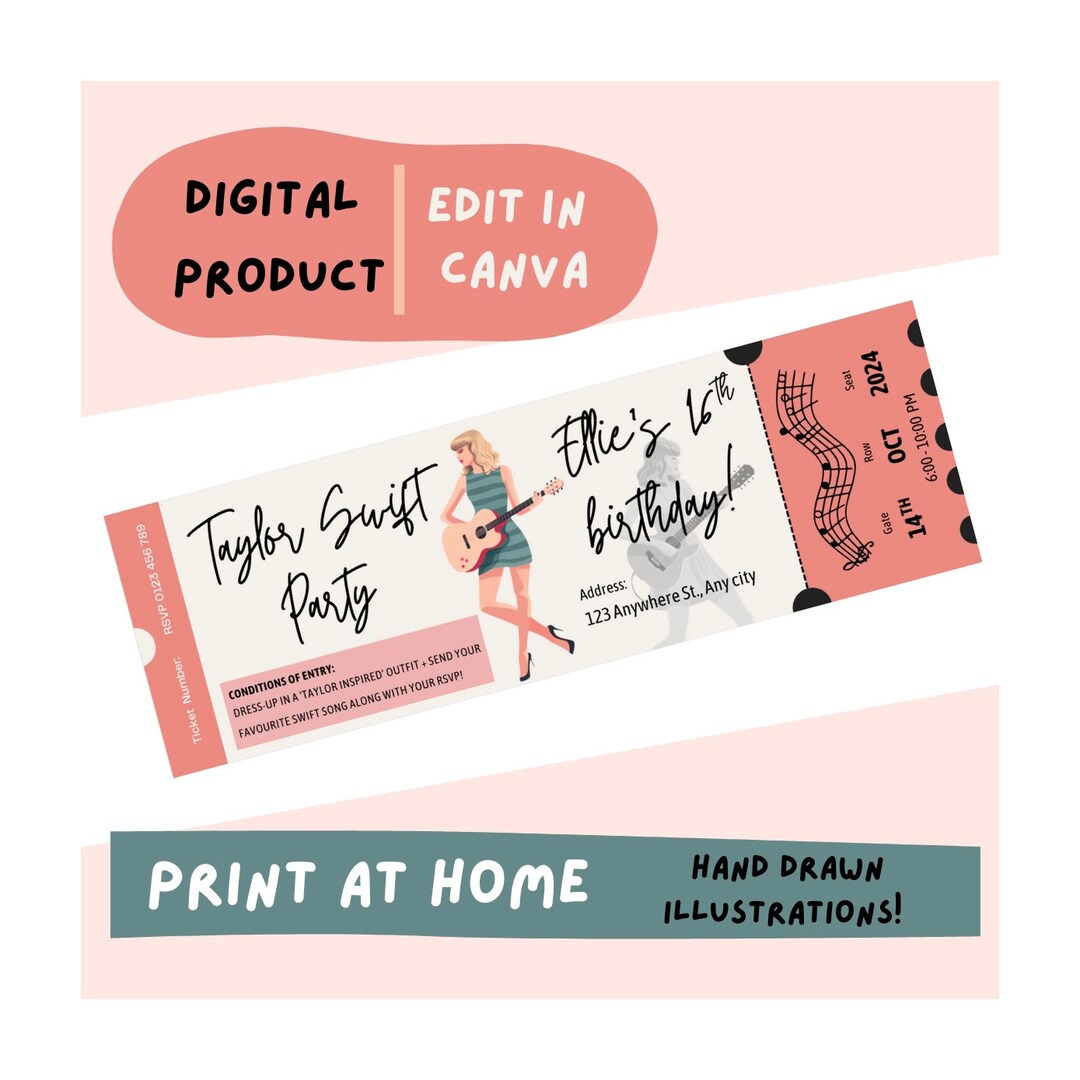 TAYLOR SWIFT Party Invitation Swiftie Tween Teen Concert Ticket Shape ...