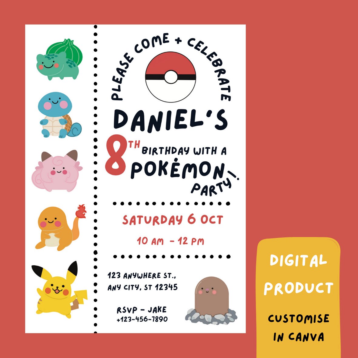 Pokemon Party Birthday Invitation Digital Template Customise in Canva ...