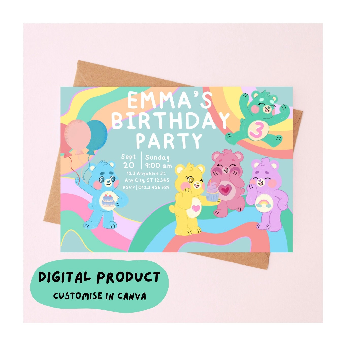 Care Bear Digital Invitation Canva Template Colourful - Etsy