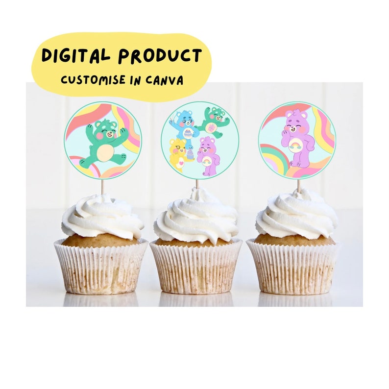 CARE BEAR Cupcake Toppers Editable Canva Kids Birthday - Etsy