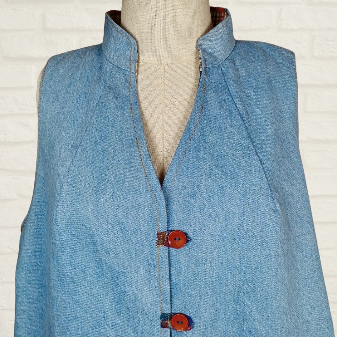Denim Vest and Colored Plaid Cotton Fabric Double-sided Oversized ...