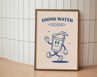 Drink Water Poster, Retro Style Print, Trendy Kitchen Wall Art, Healthy ...