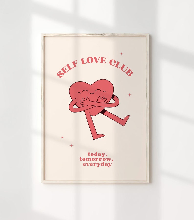 Self Love Club, Retro Style Print, Heart Print, Trendy Poster Art ...