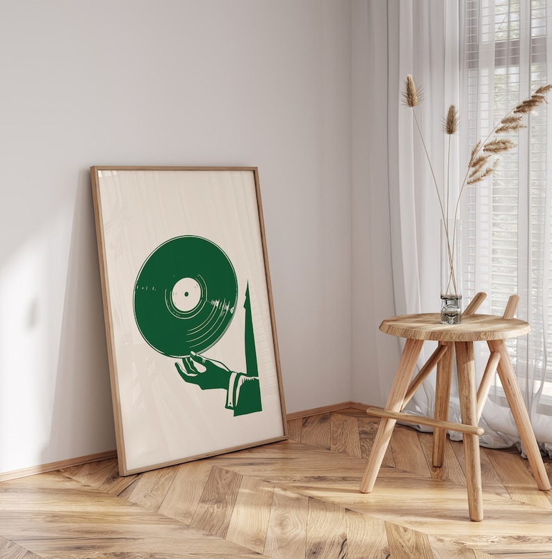 Retro Vinyl Print, Vinyl Record Green Poster, Play It Twice, Minimal ...