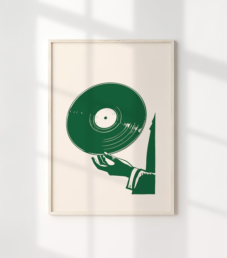 Retro Vinyl Print, Vinyl Record Green Poster, Play It Twice, Minimal ...