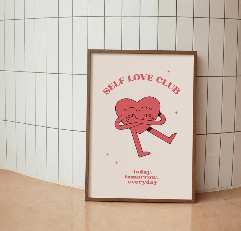 Self Love Club, Retro Style Print, Heart Print, Trendy Poster Art ...