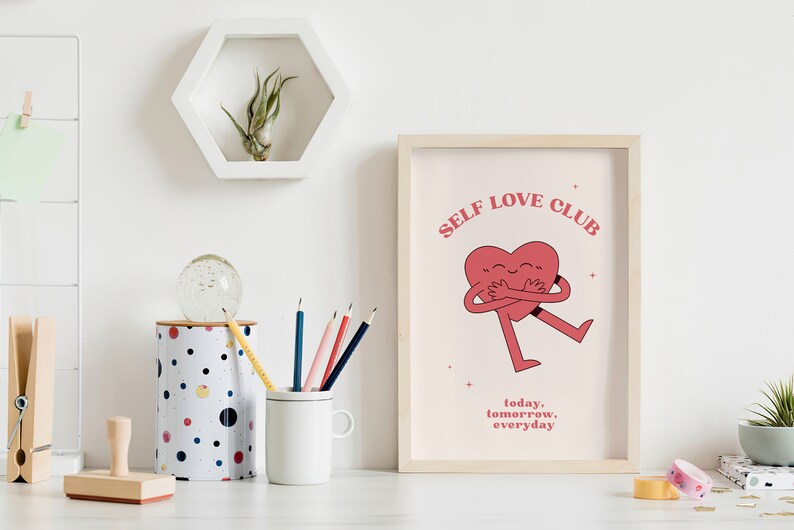 Self Love Club, Retro Style Print, Heart Print, Trendy Poster Art ...