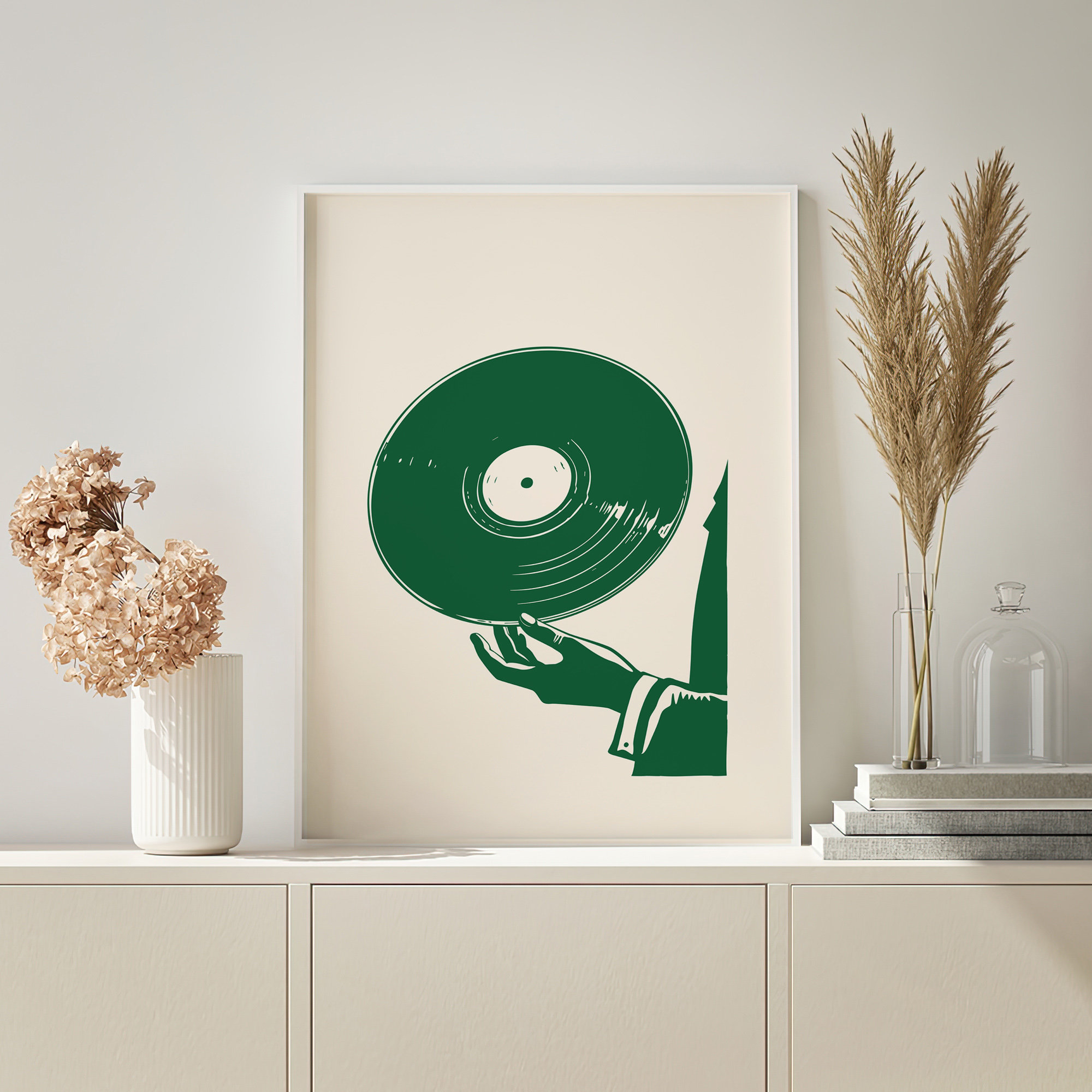 Retro Vinyl Print, Vinyl Record Green Poster, Play It Twice, Minimal ...