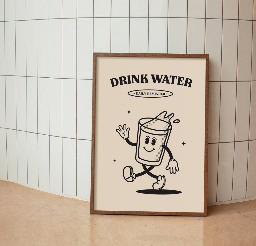 Drink Water Poster, Retro Style Print, Trendy Kitchen Wall Art, Healthy ...