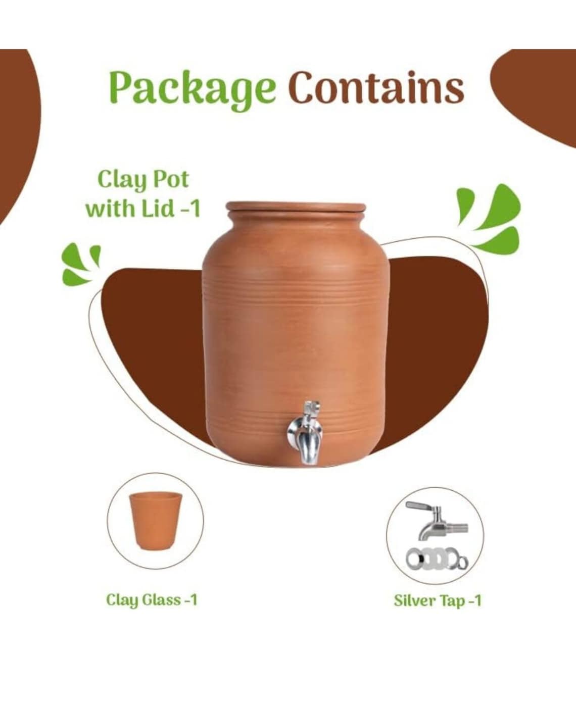 Terravitaindia Handcrafted Earthen Clay Water Pot With Lid & Stainless ...