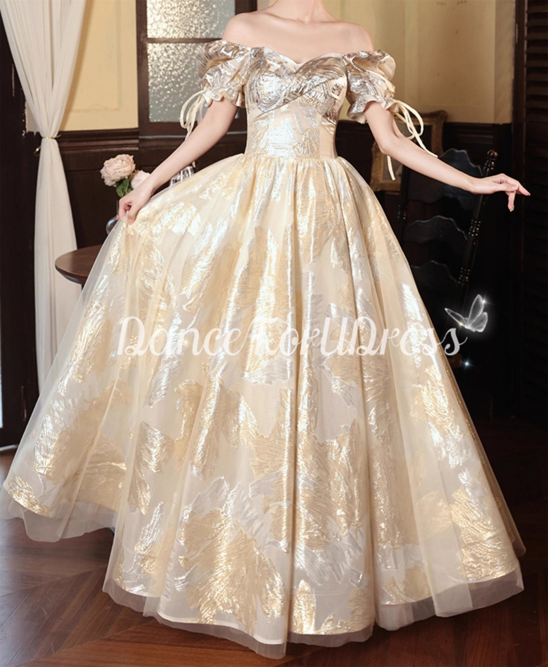Princess Champagne Gold Floral Prom Dress,off the Shoulder Fairy Prom ...