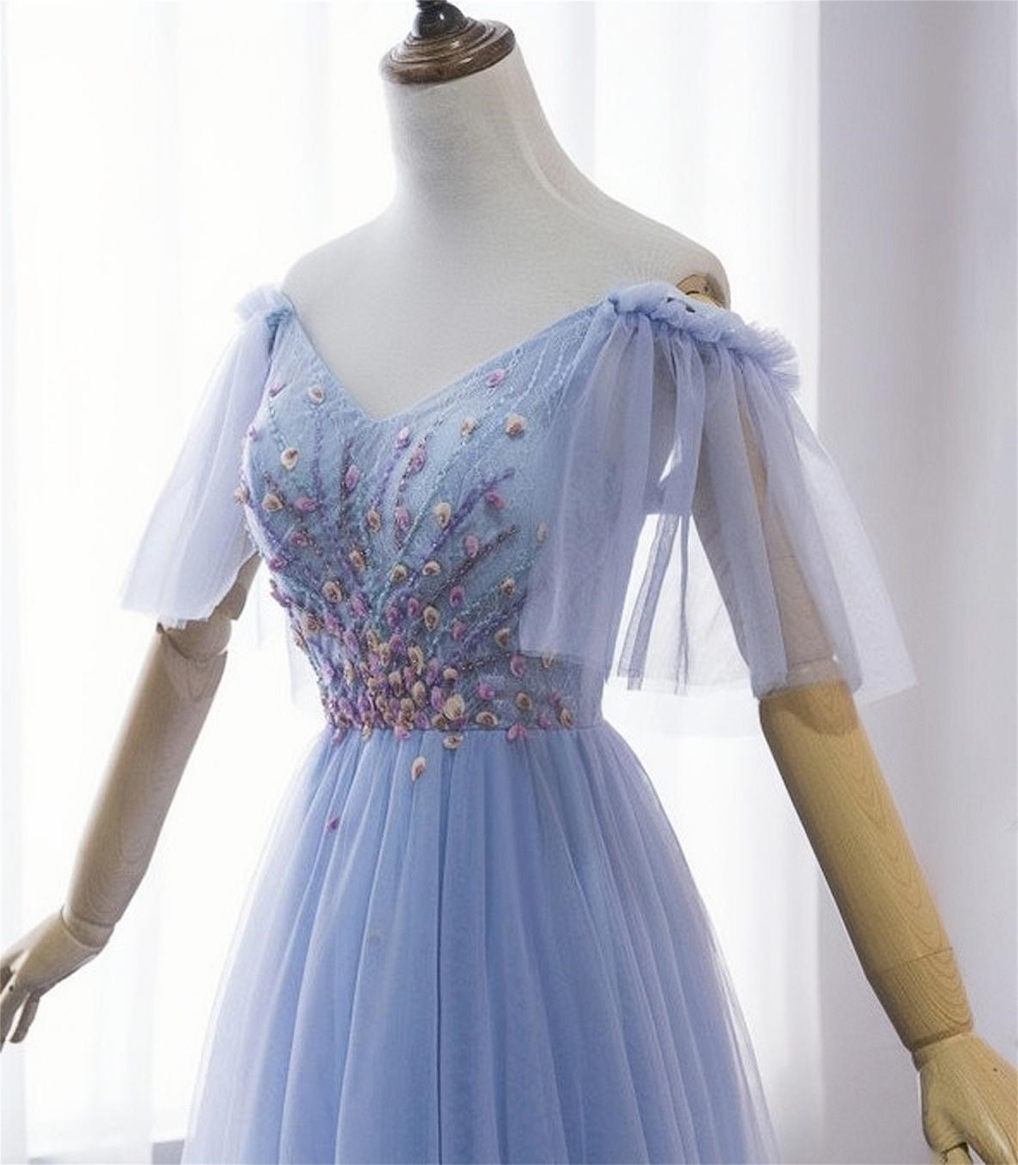 New Beaded Floral Blue Fairy Princess Gown,graduation Prom Dress ...