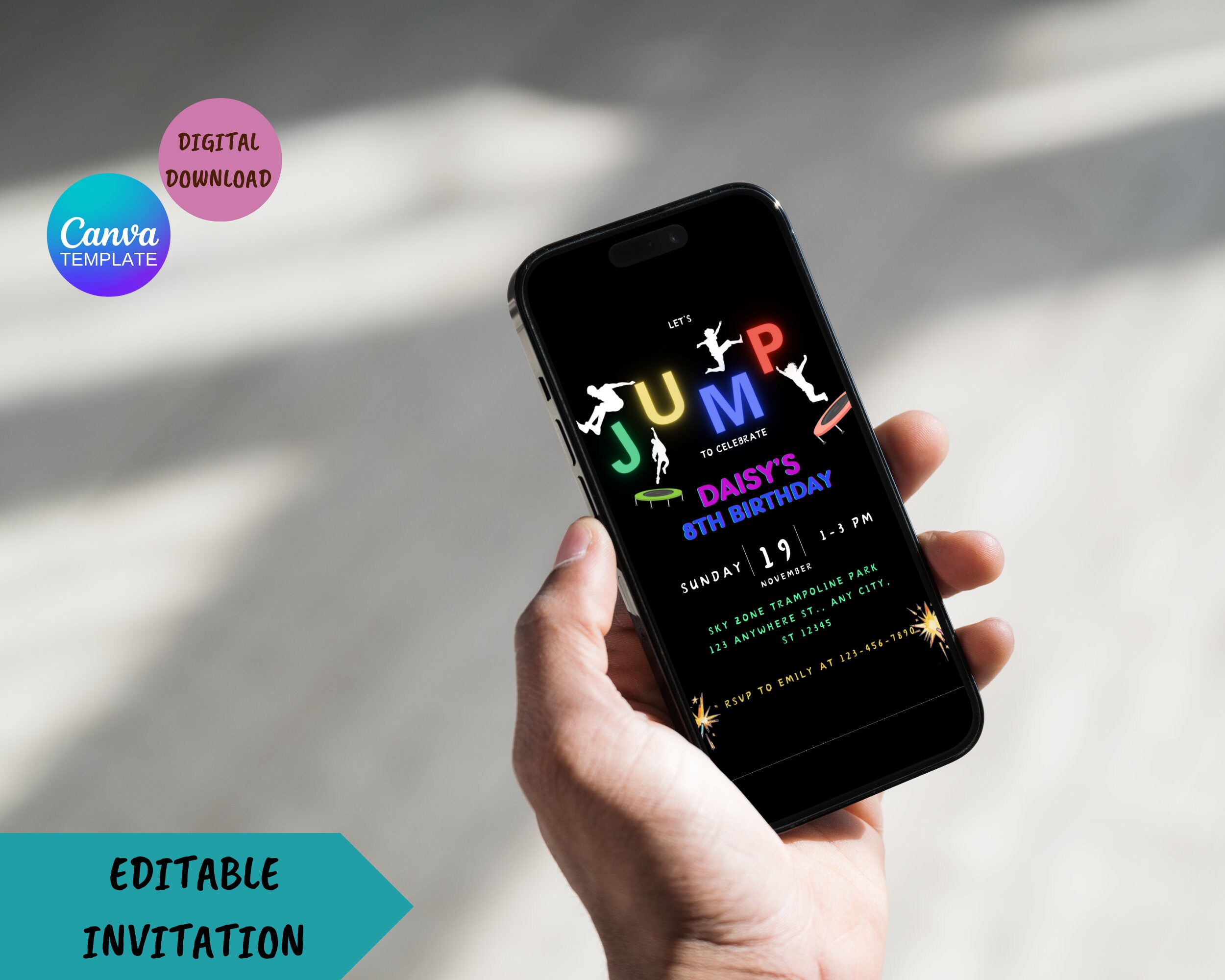 EDITABLE Jump Birthday Party Invitation, Trampoline Park Invitation ...