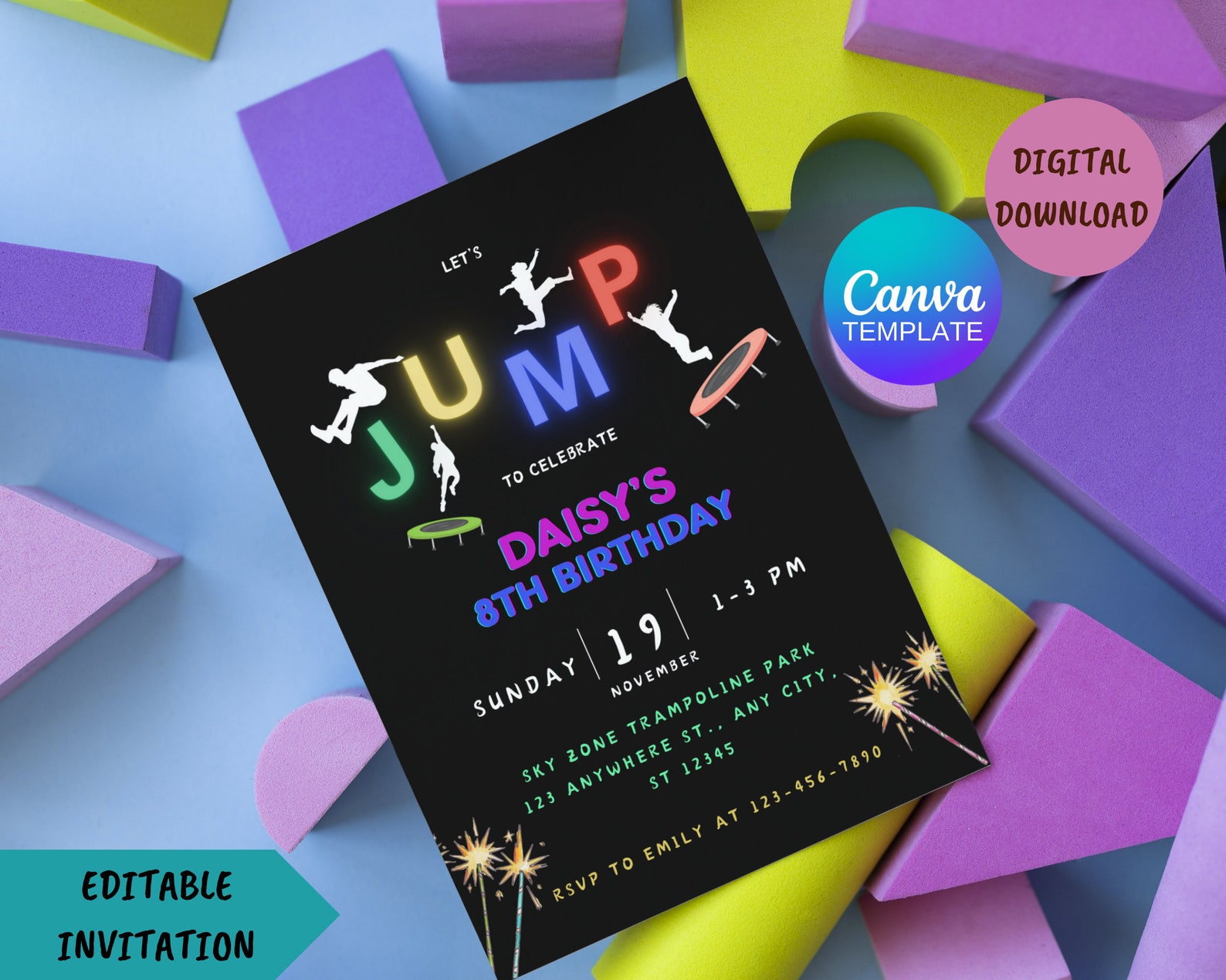 EDITABLE Jump Birthday Party Invitation, Trampoline Park Invitation ...