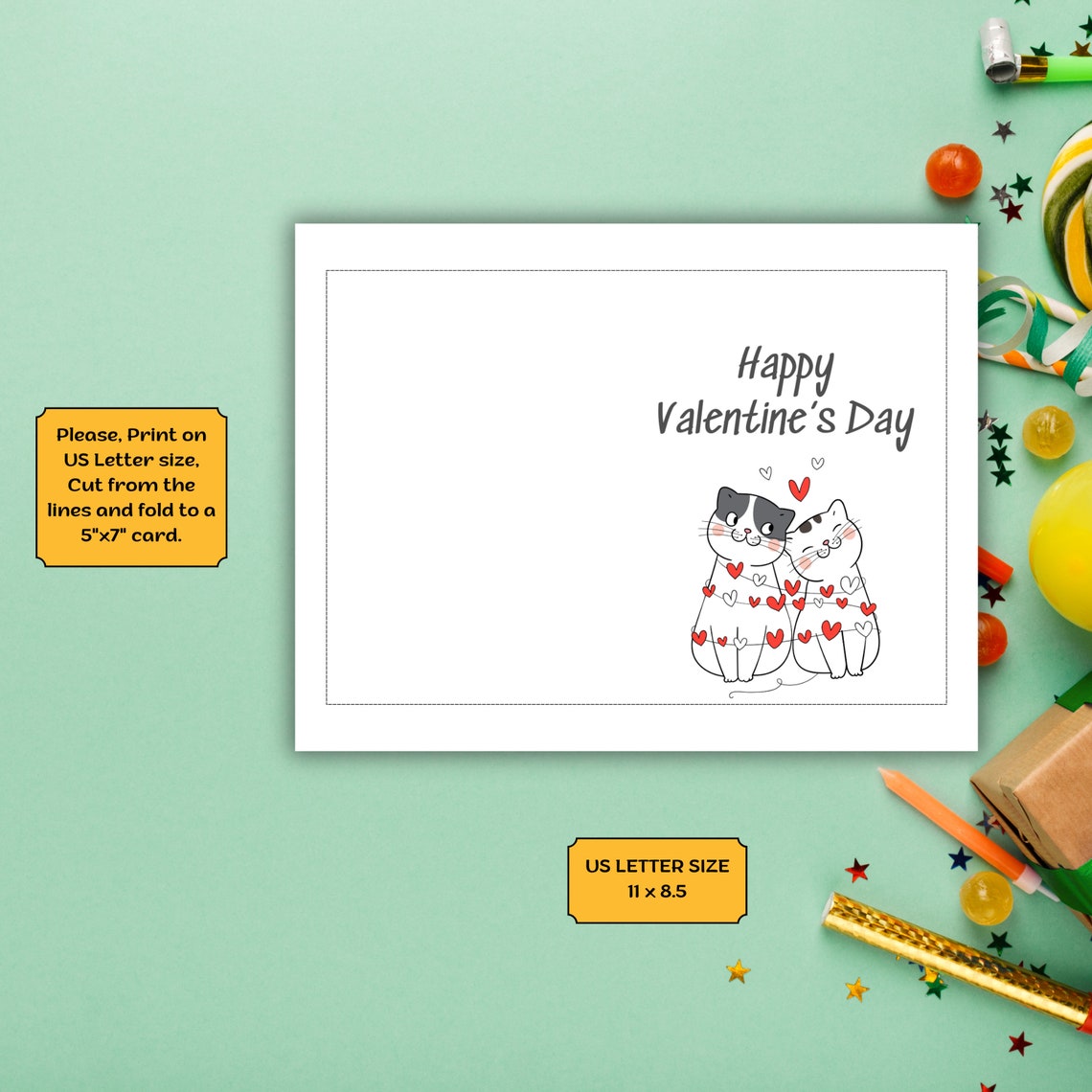 Cute Cats Valentines Day Card, Printable Valentines Day Card, Card for ...