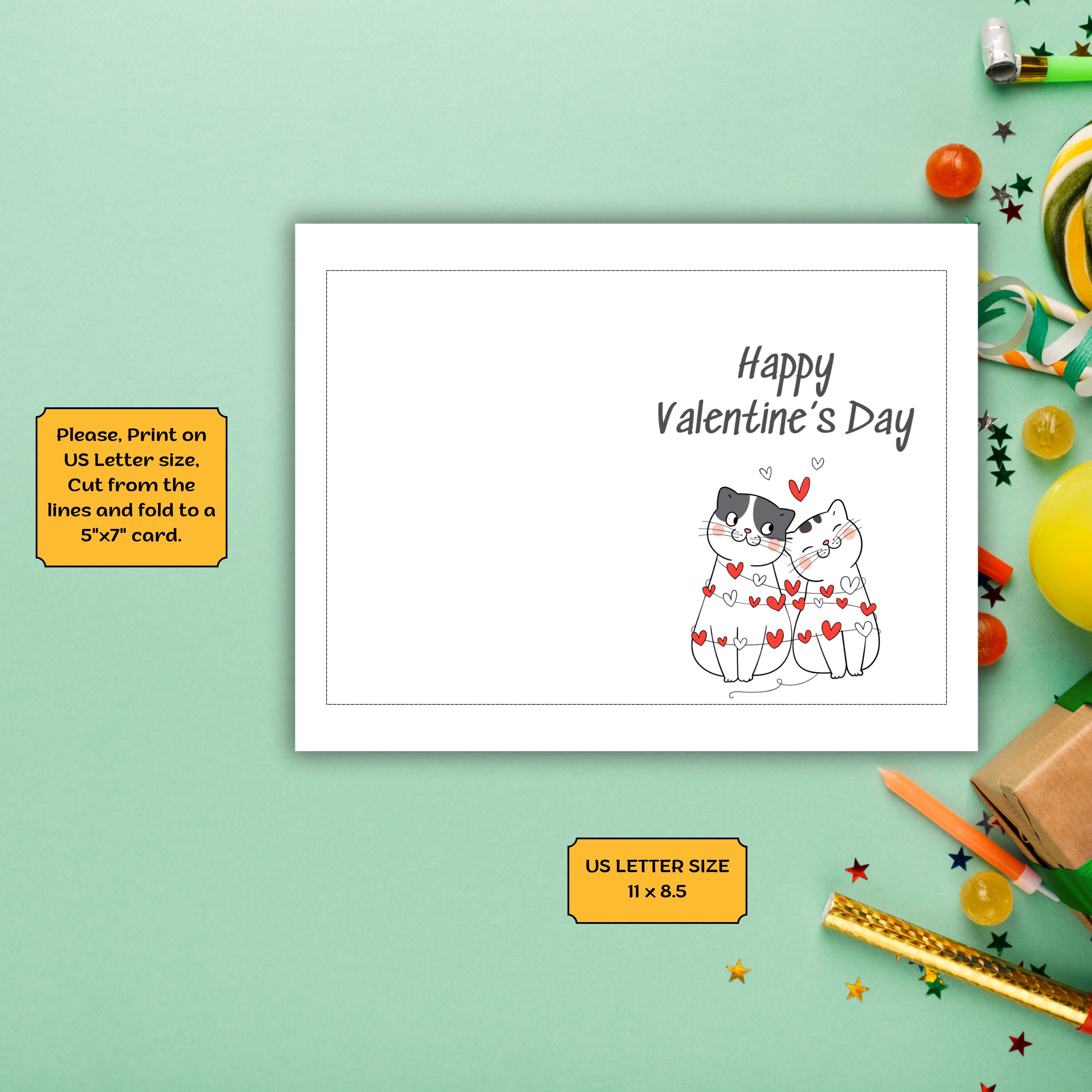 Cute Cats Valentines Day Card, Printable Valentines Day Card, Card for ...