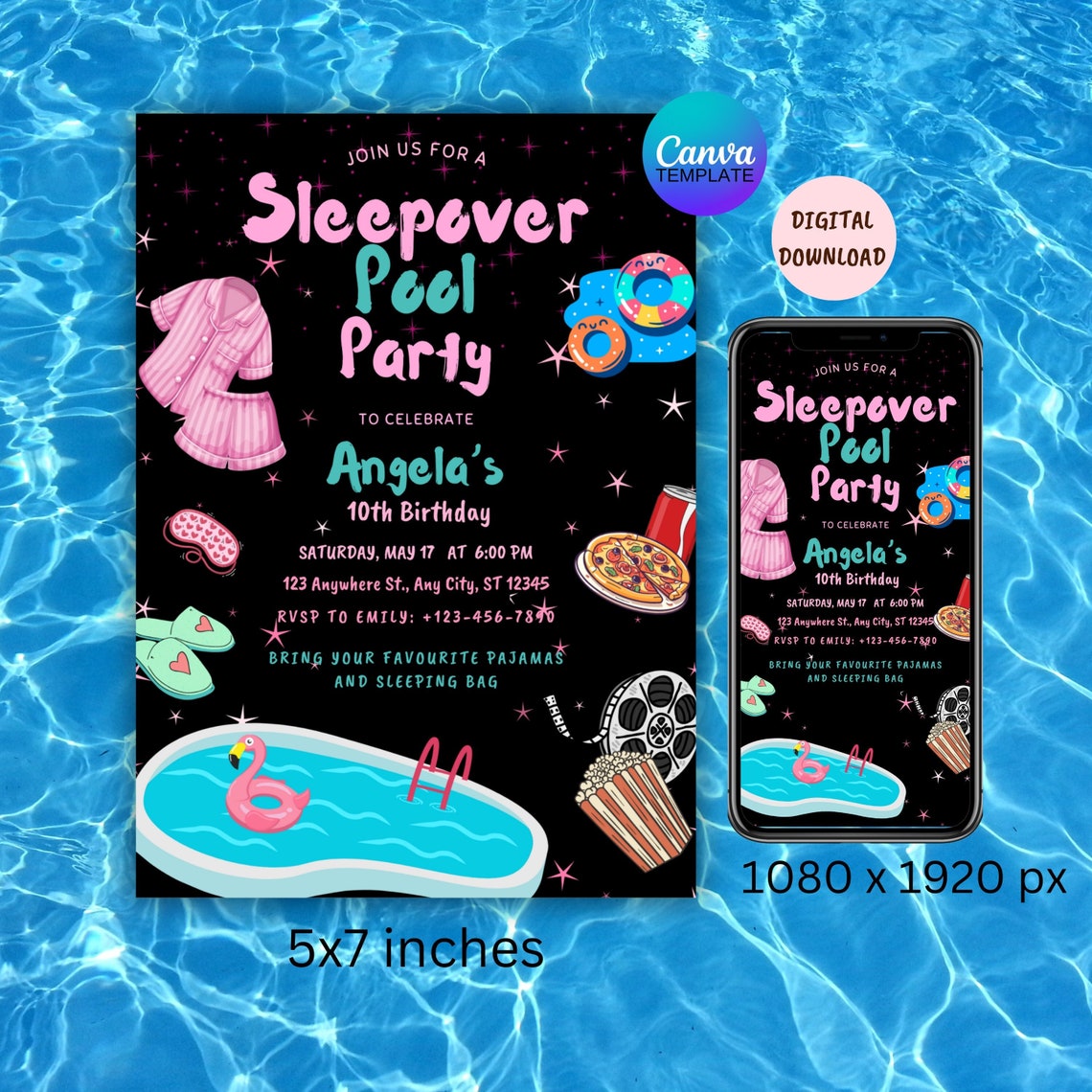 Sleepover Pool Party Birthday Invitation, EDITABLE Pool Party Template ...
