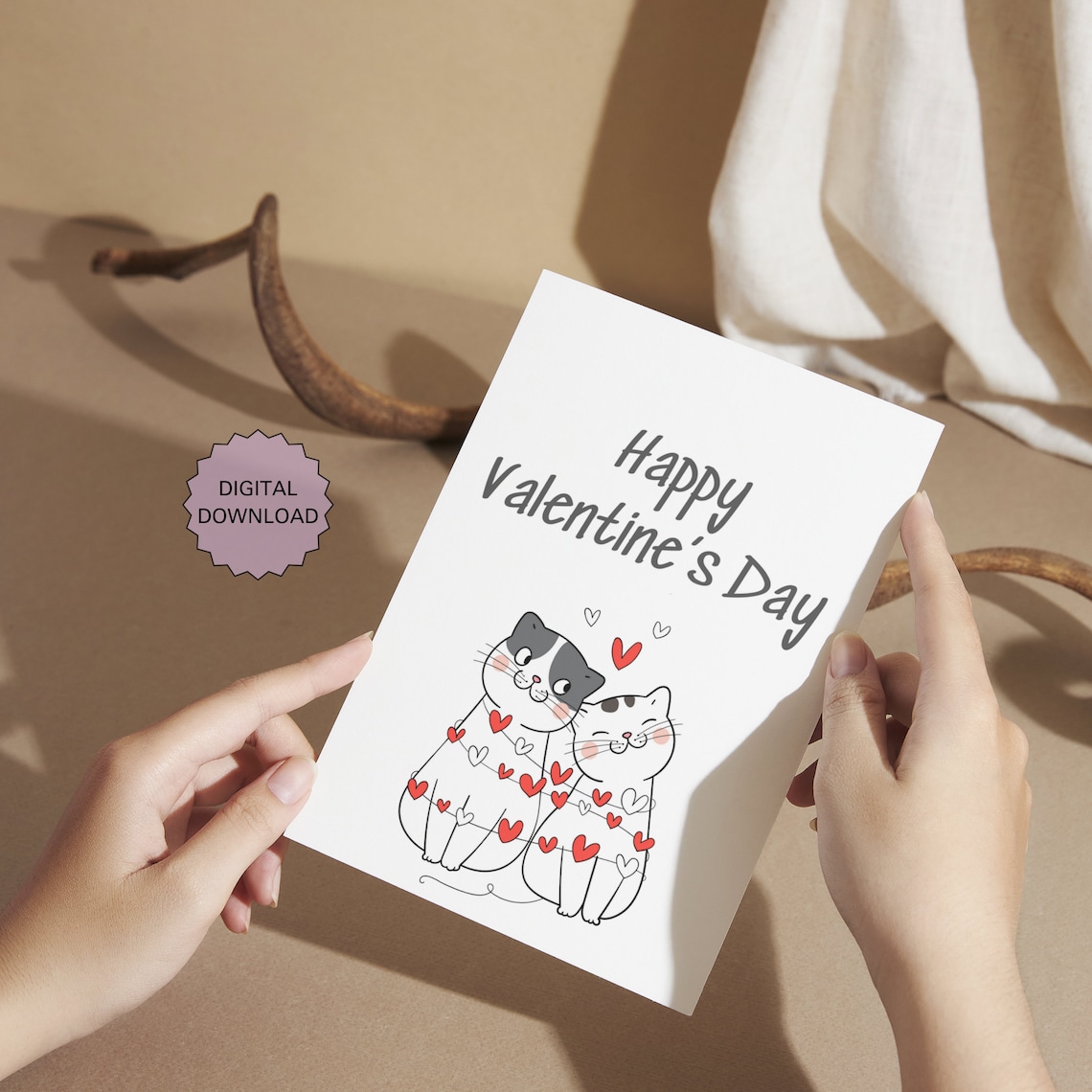 Cute Cats Valentines Day Card, Printable Valentines Day Card, Card for ...