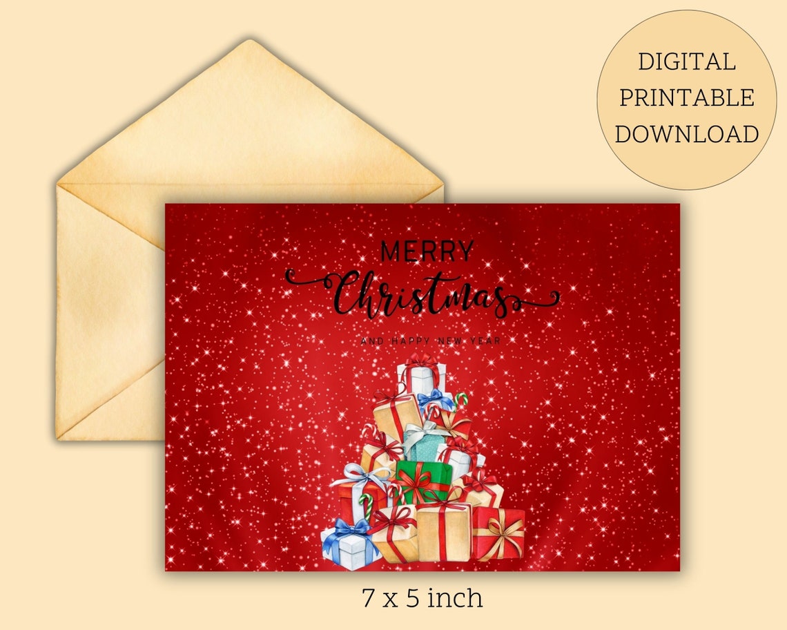 Joyful Red Printable Christmas Greeting Card With Festive Gift Wraps, A ...