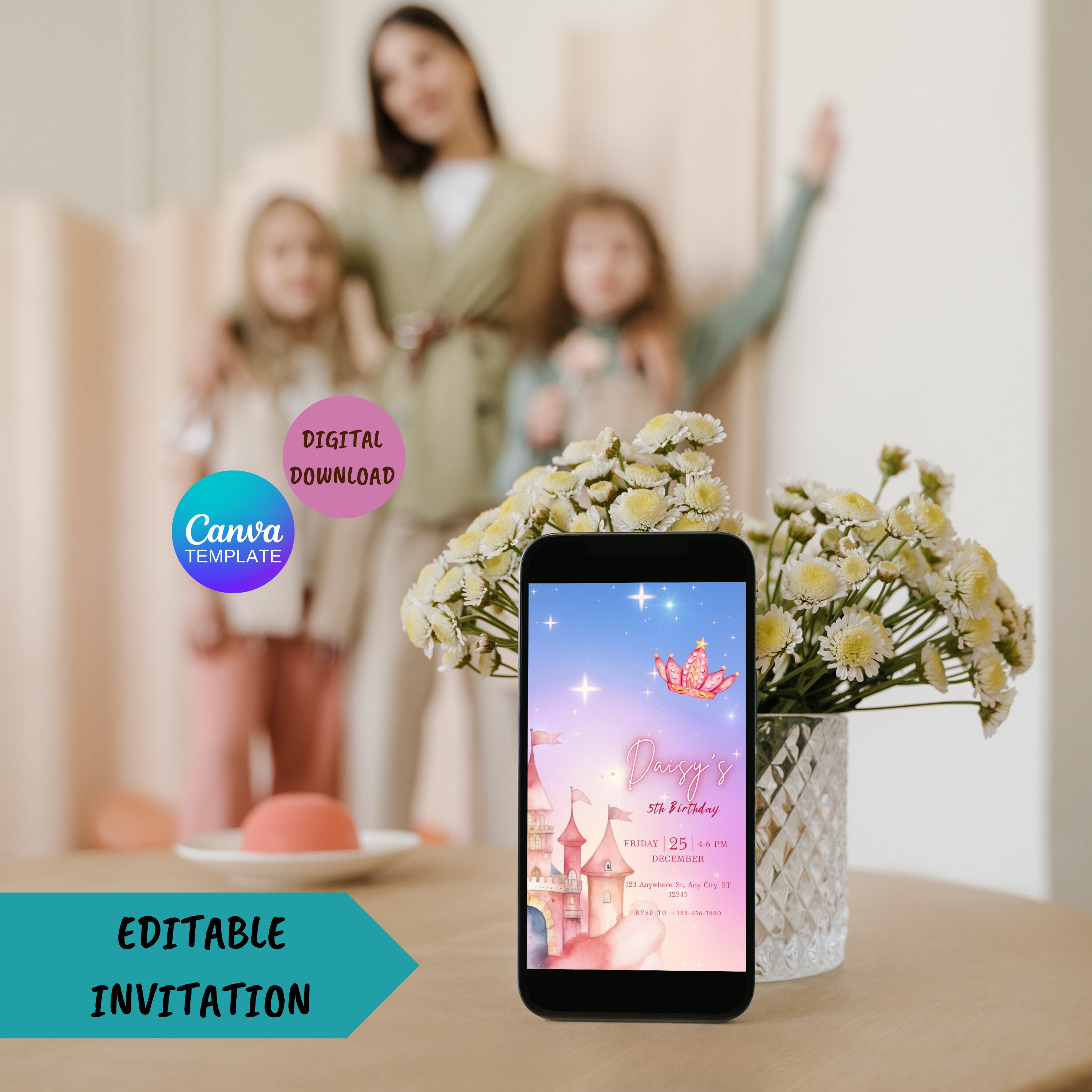 EDITABLE Princess Themed Birthday Invitation, Canva Birthday Party ...