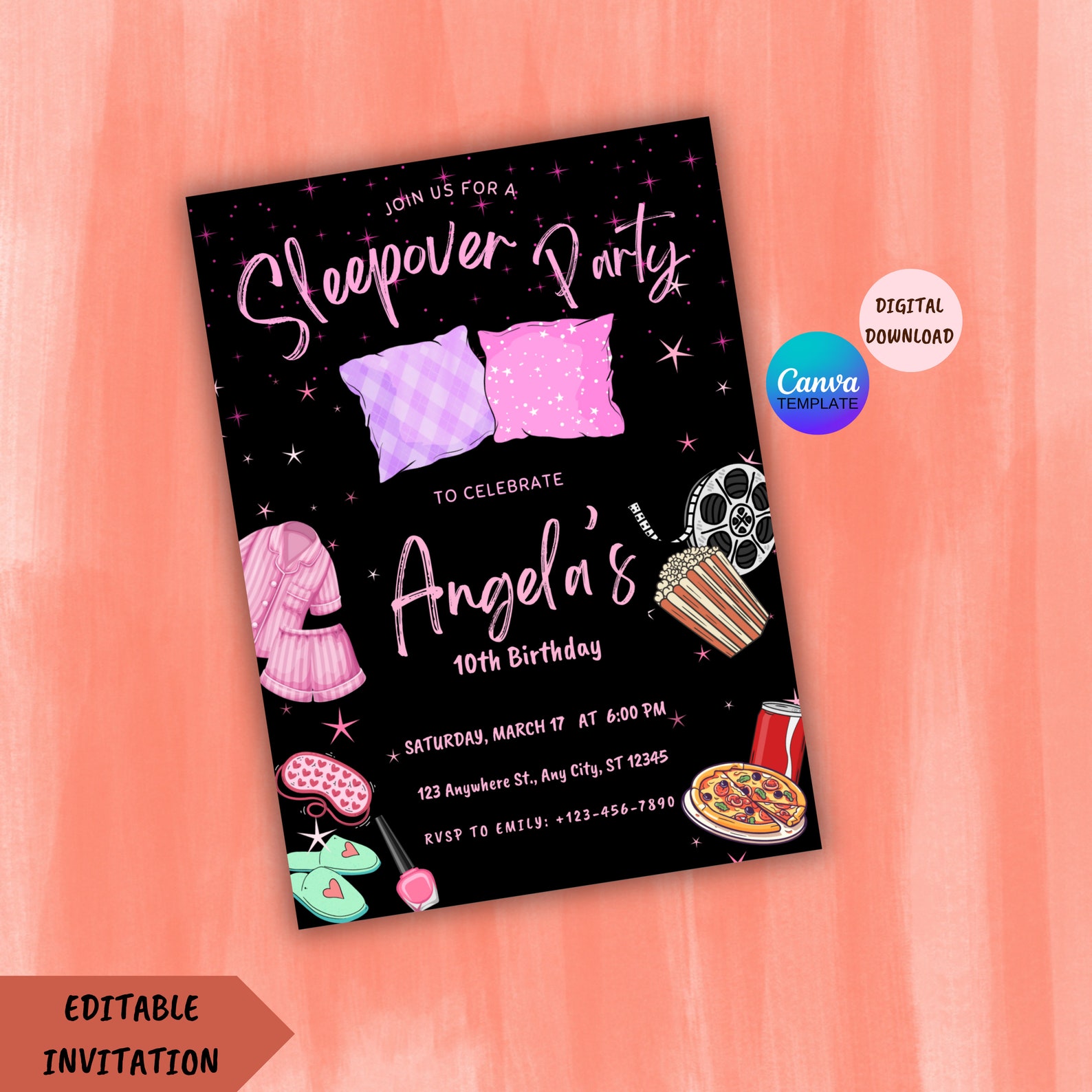 Sleepover Birthday Party Invitation, Pajama Party, Movie Night ...