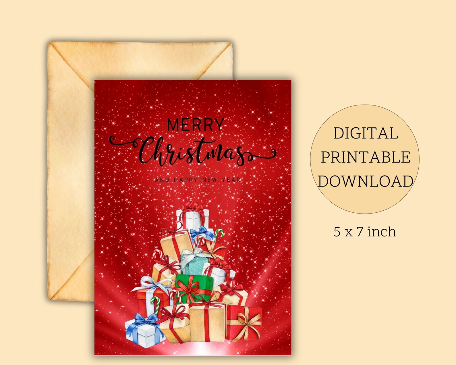 Joyful Red Printable Christmas Greeting Card With Festive Gift Wraps, A ...