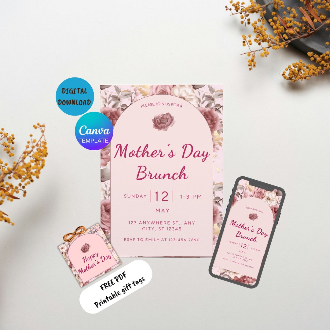 EDITABLE Mother's Day Womens Day Brunch Invitation Set, Happy Mother's ...