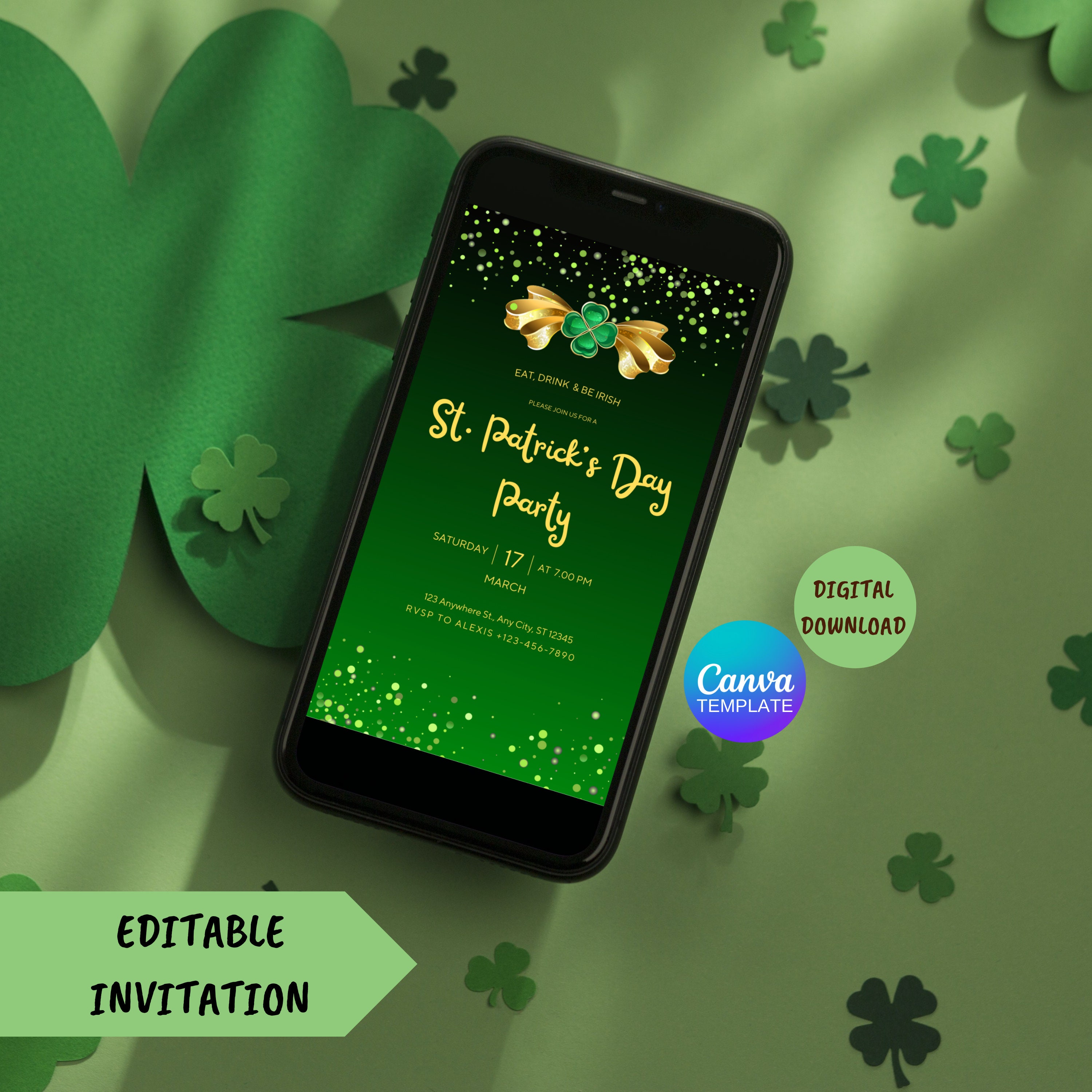Editable Digital St Patrick's Day Party Invitation, Eat Drink & Be ...