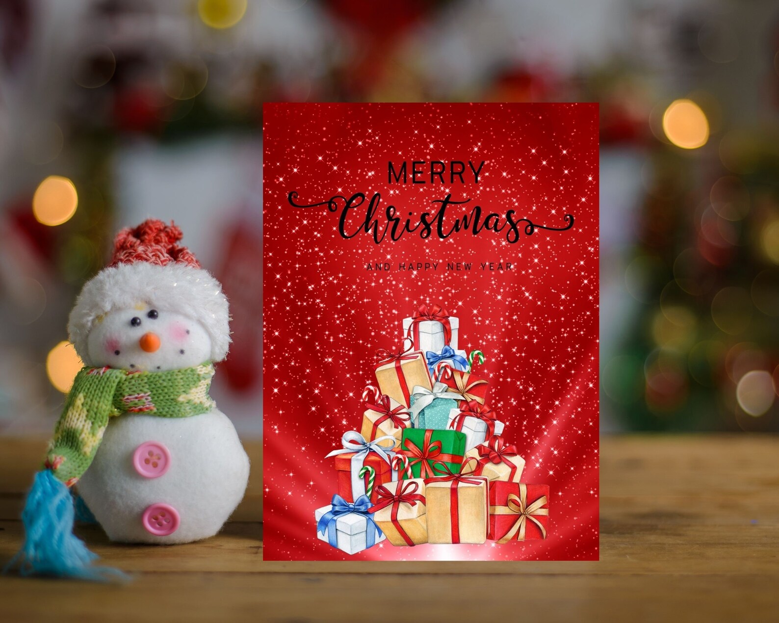 Joyful Red Printable Christmas Greeting Card With Festive Gift Wraps, A ...