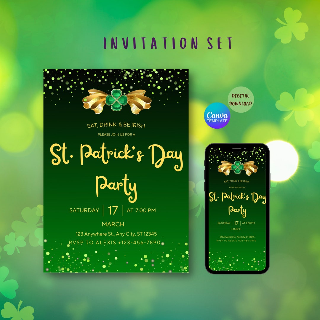 Editable Digital St Patrick's Day Party Invitation, Eat Drink & Be ...