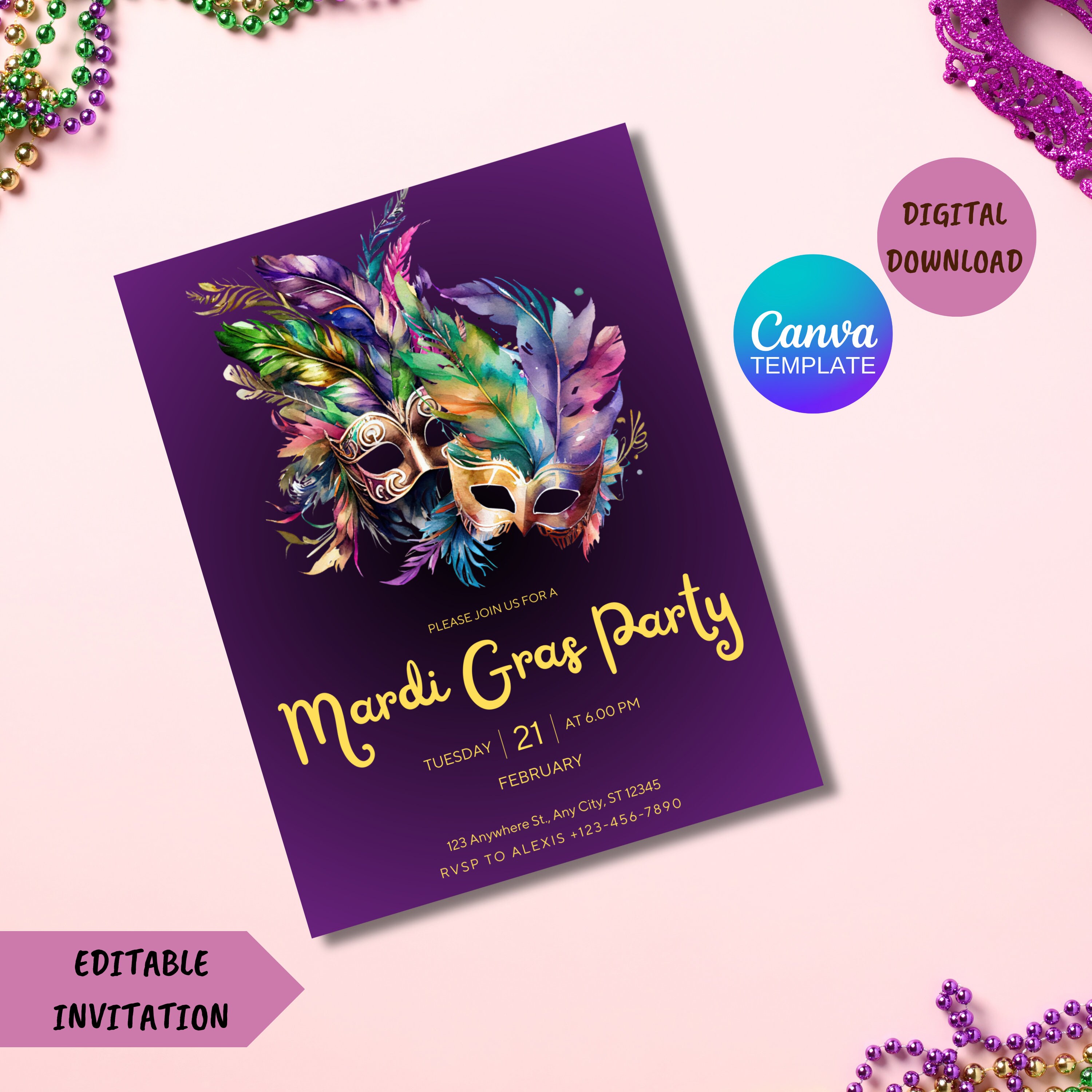 EDITABLE Mardi Gras Party Invitation FLYER Template, Canva Invitation ...