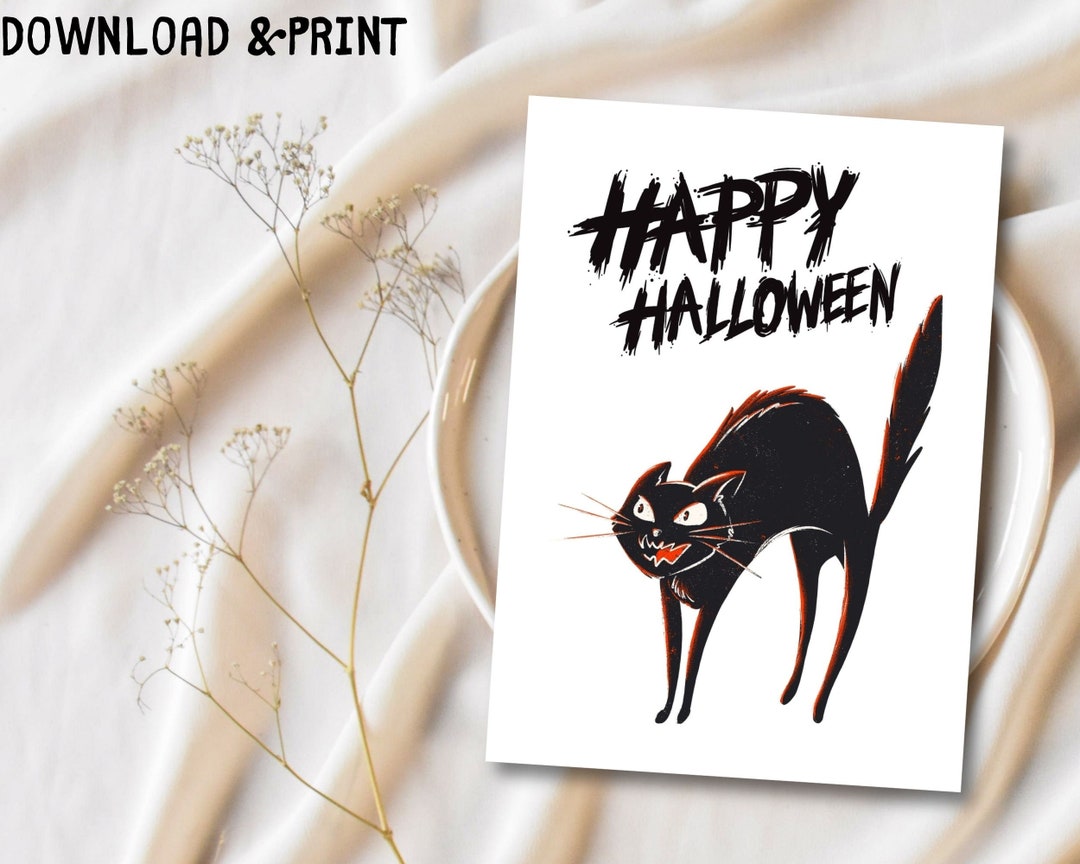 Spooky Black Cat Printable Halloween Greeting Card, Scary Halloween ...