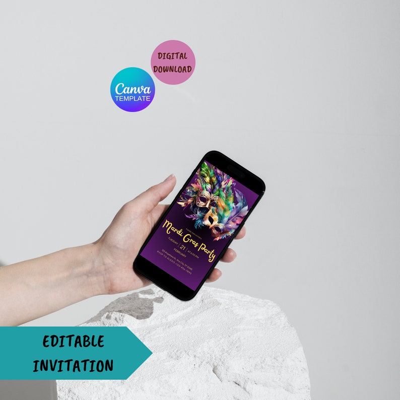 EDITABLE Mardi Gras Party Invitation Template, Mobil Invitation, Canva ...