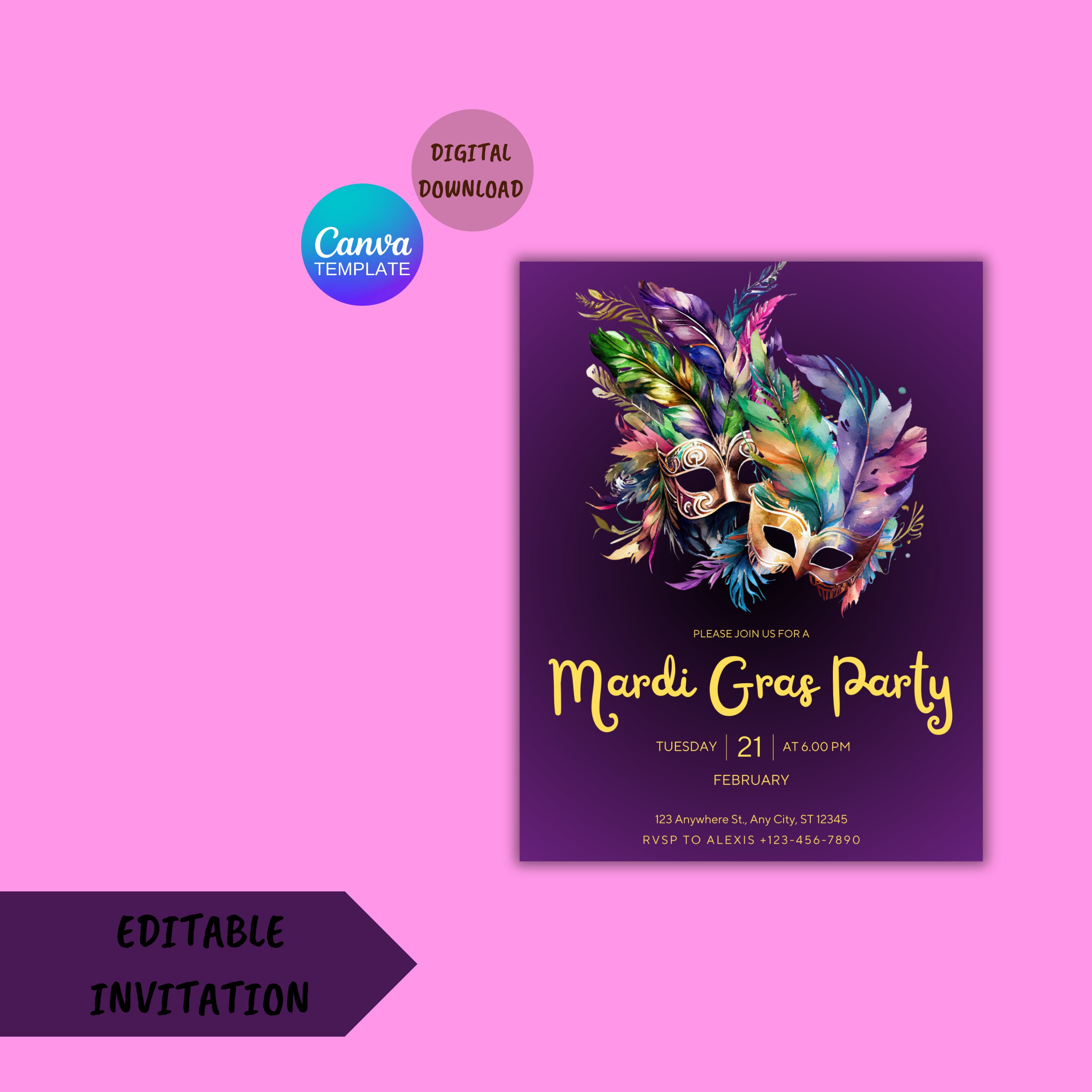 EDITABLE Mardi Gras Party Invitation FLYER Template, Canva Invitation ...