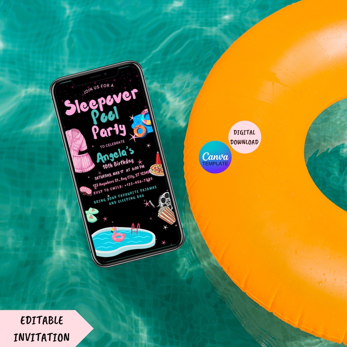 Sleepover Pool Party Birthday Invitation, EDITABLE Pool Party Template ...