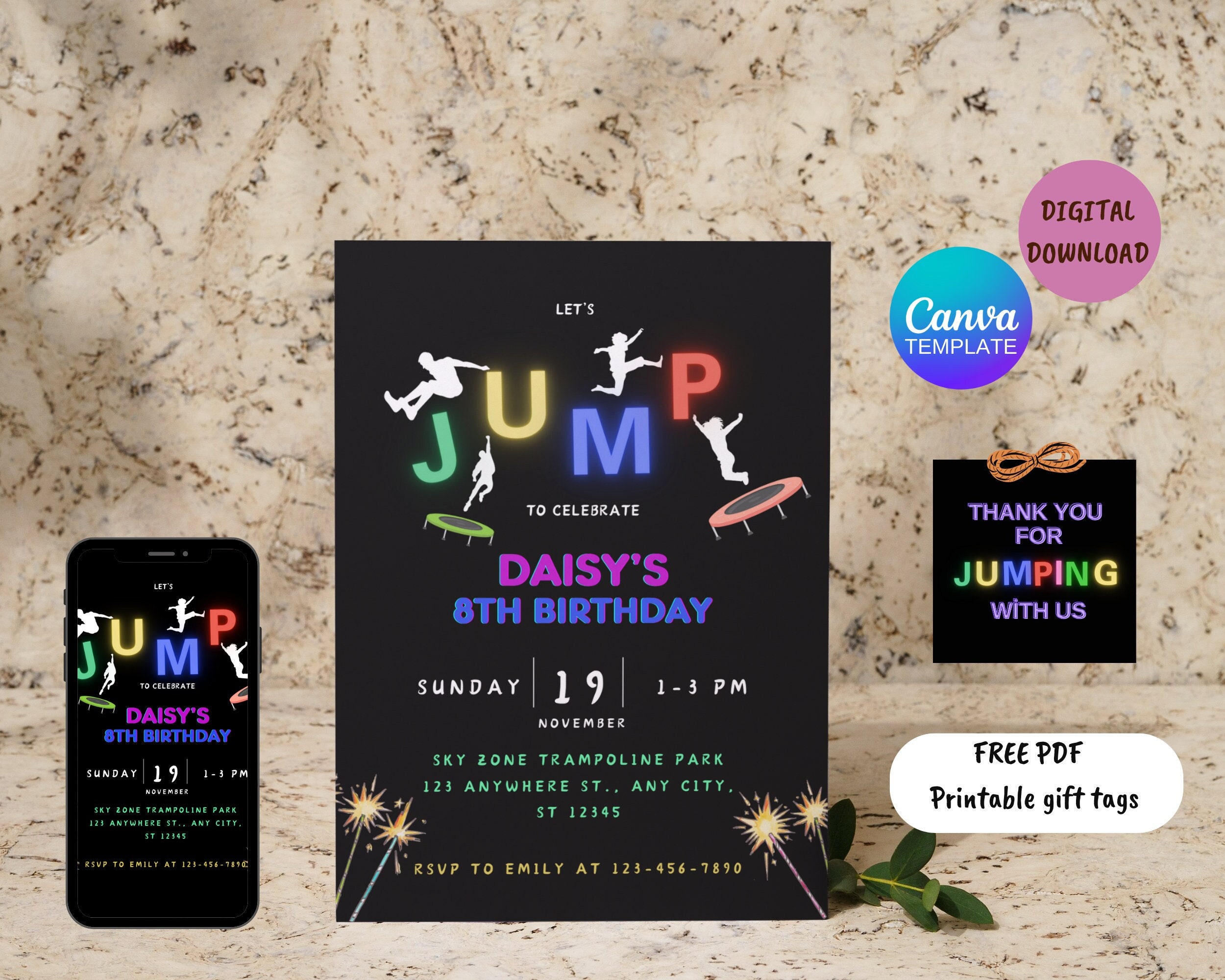 EDITABLE Jump Birthday Party Invitation, Trampoline Park Invitation ...