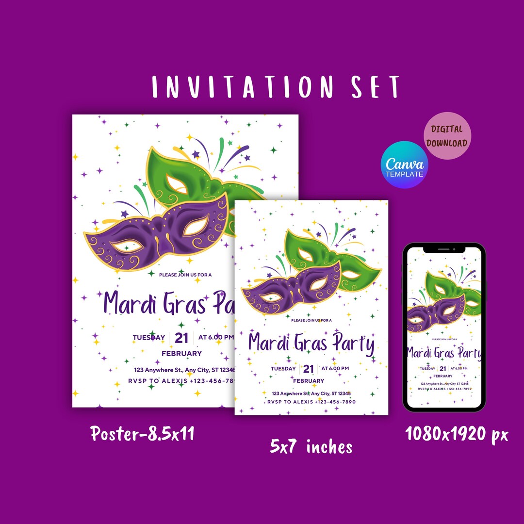EDITABLE Mardi Gras Party Invitation Template, Mobil Invitation, Mardi ...