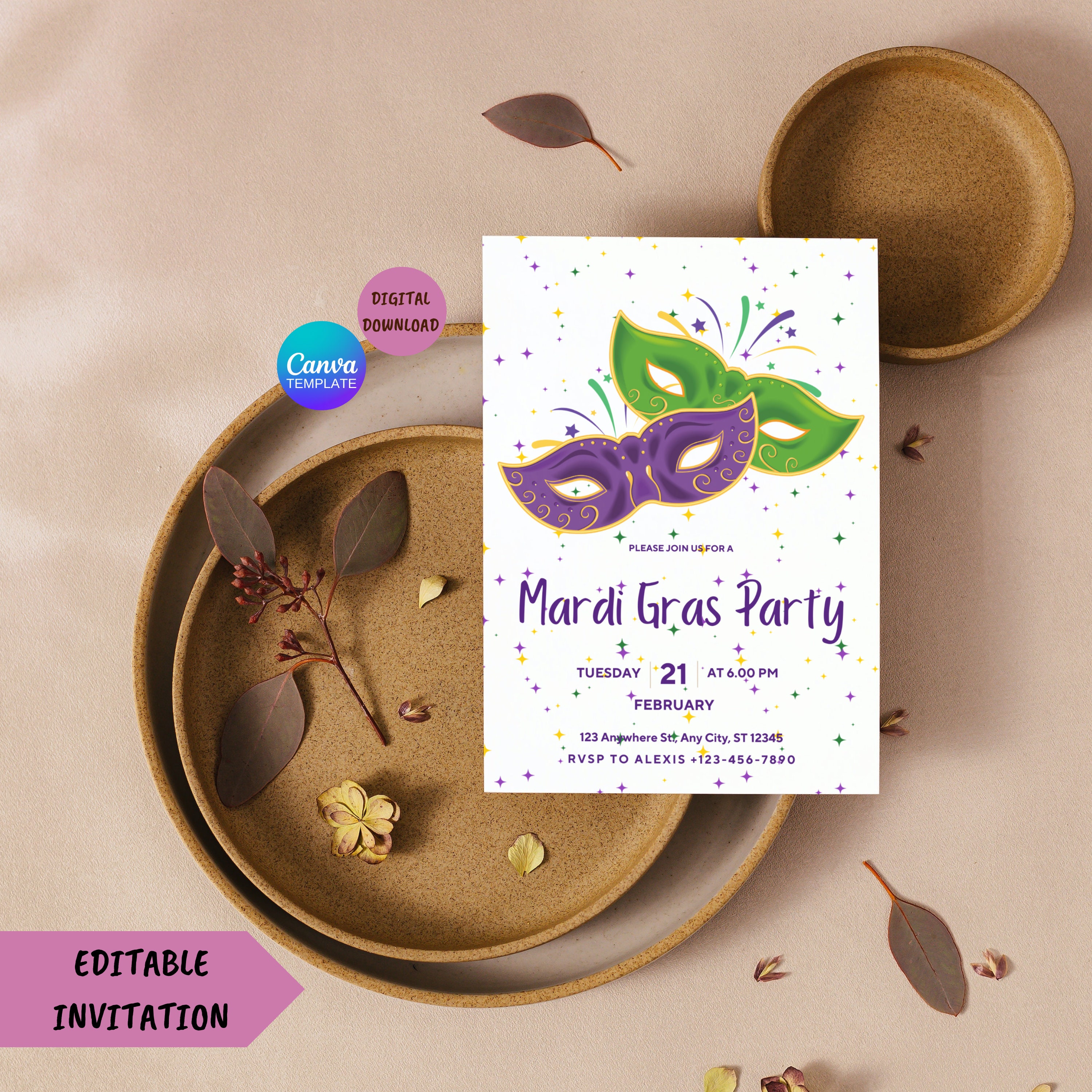 EDITABLE Mardi Gras Party Invitation Template, Mobil Invitation, Mardi ...