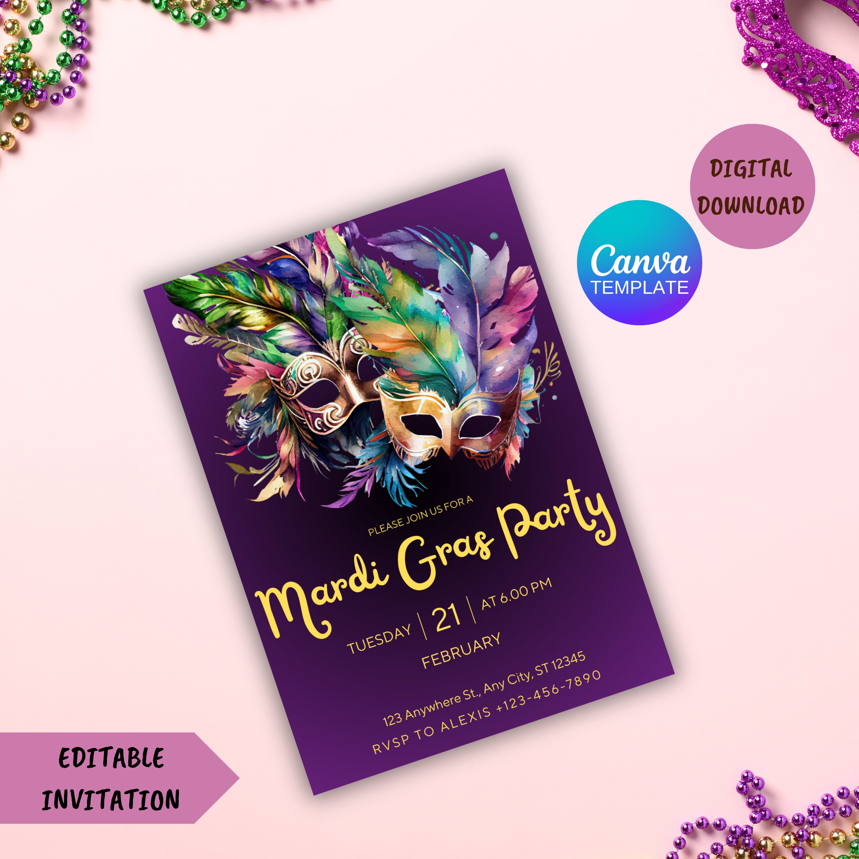 EDITABLE Mardi Gras Party Invitation Template, Mobil Invitation, Canva ...